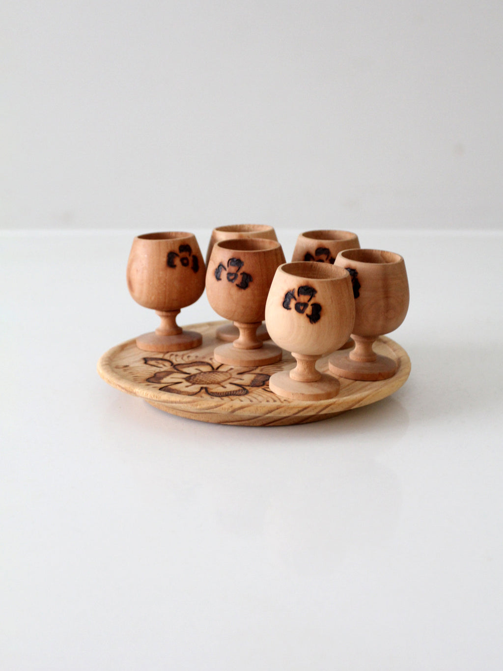 vintage folk art wooden cordial cups with tray set – 86 Vintage