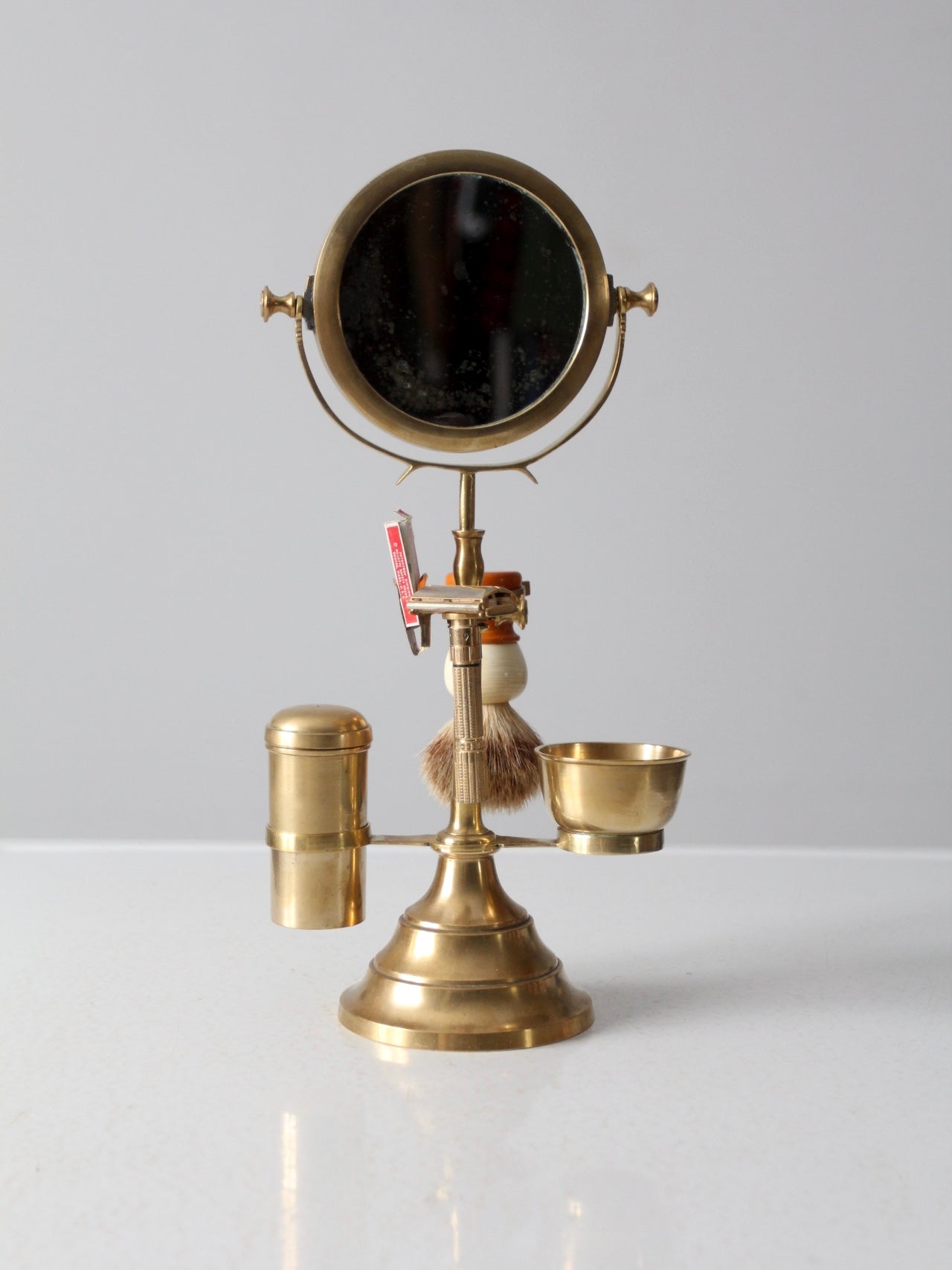 antique brass grooming stand with mirror and Gillette razor – 86 Vintage