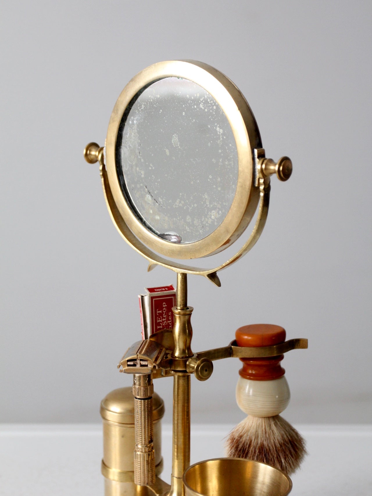 antique brass grooming stand with mirror and Gillette razor – 86 Vintage