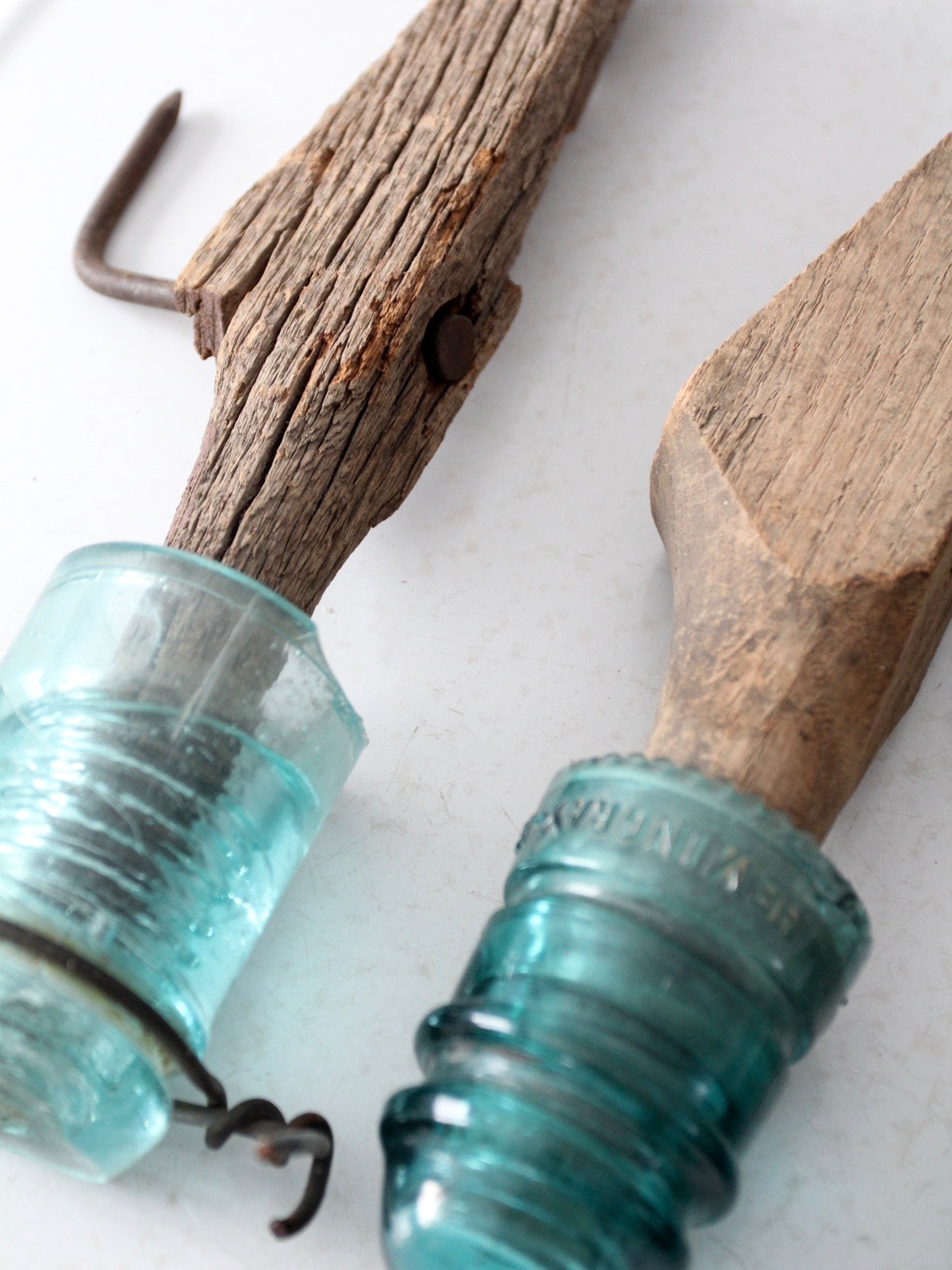 vintage glass insulators with wood posts, set of 4 – 86 Vintage